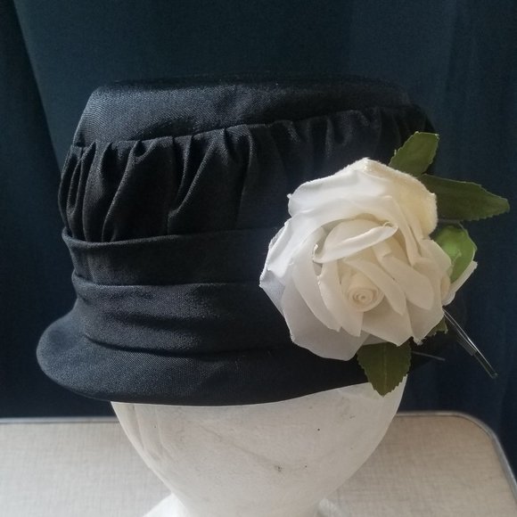 Accessories | Vintage Black Linen Crepe Hat With White Rose | Poshmark